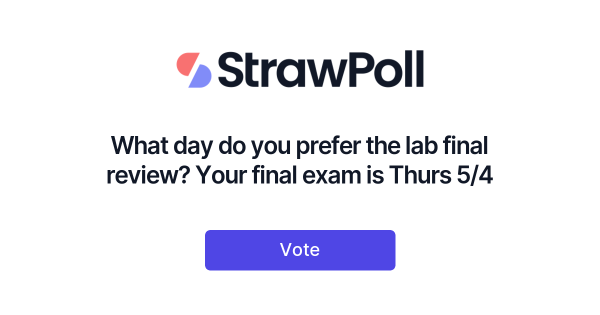What day do you prefer the lab final review? Your final exam is Thurs 5/4 - StrawPoll
